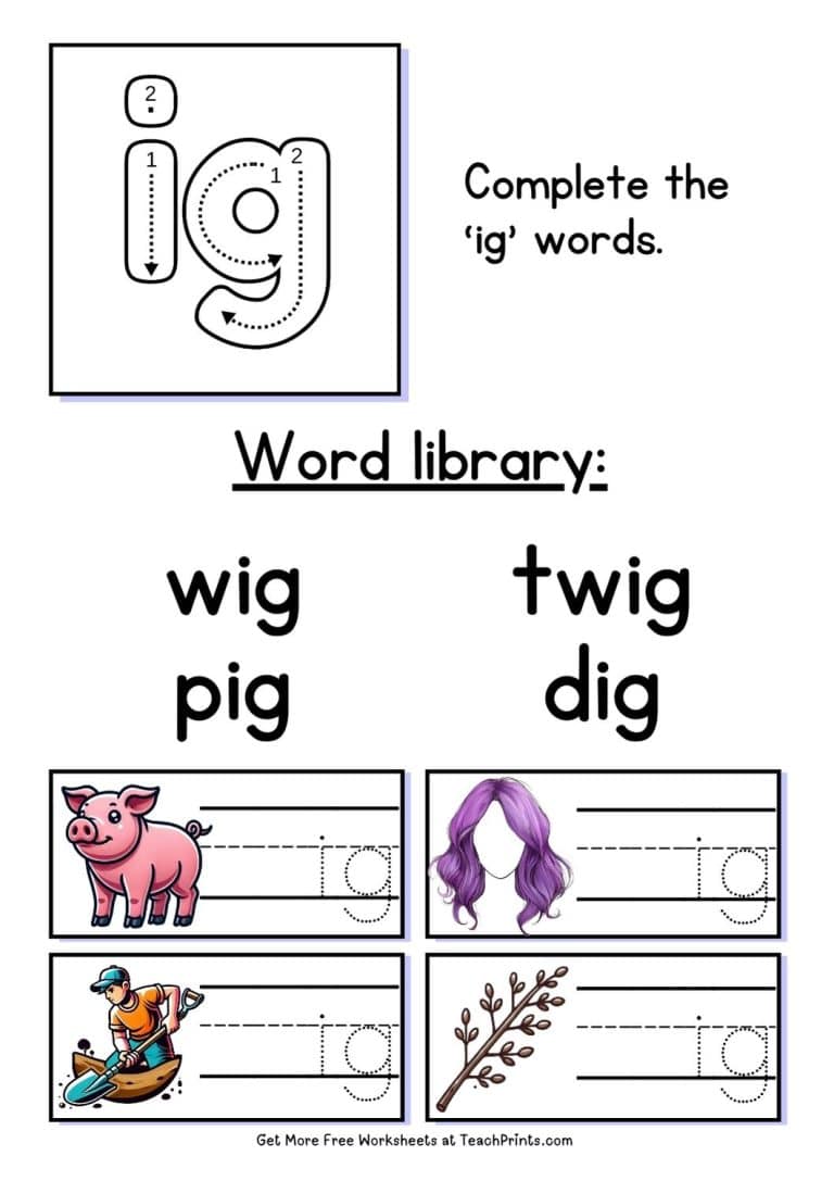 Free 'ig' Word Family Worksheets - Teach Prints