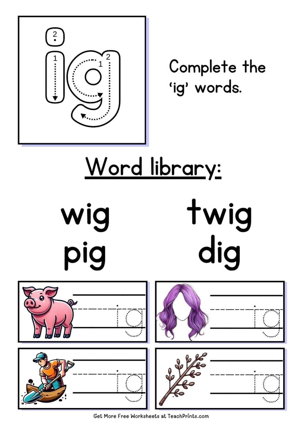 Free 'ig' Word Family Worksheets - Teach Prints