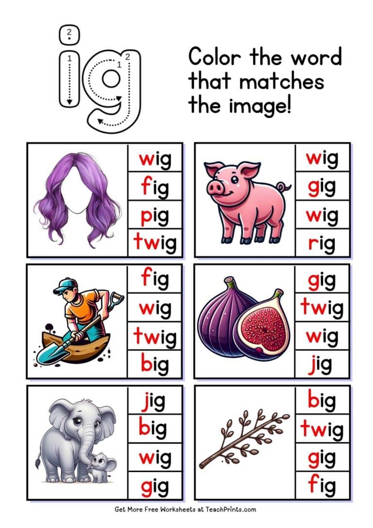 Free 'ig' Word Family Worksheets - Teach Prints