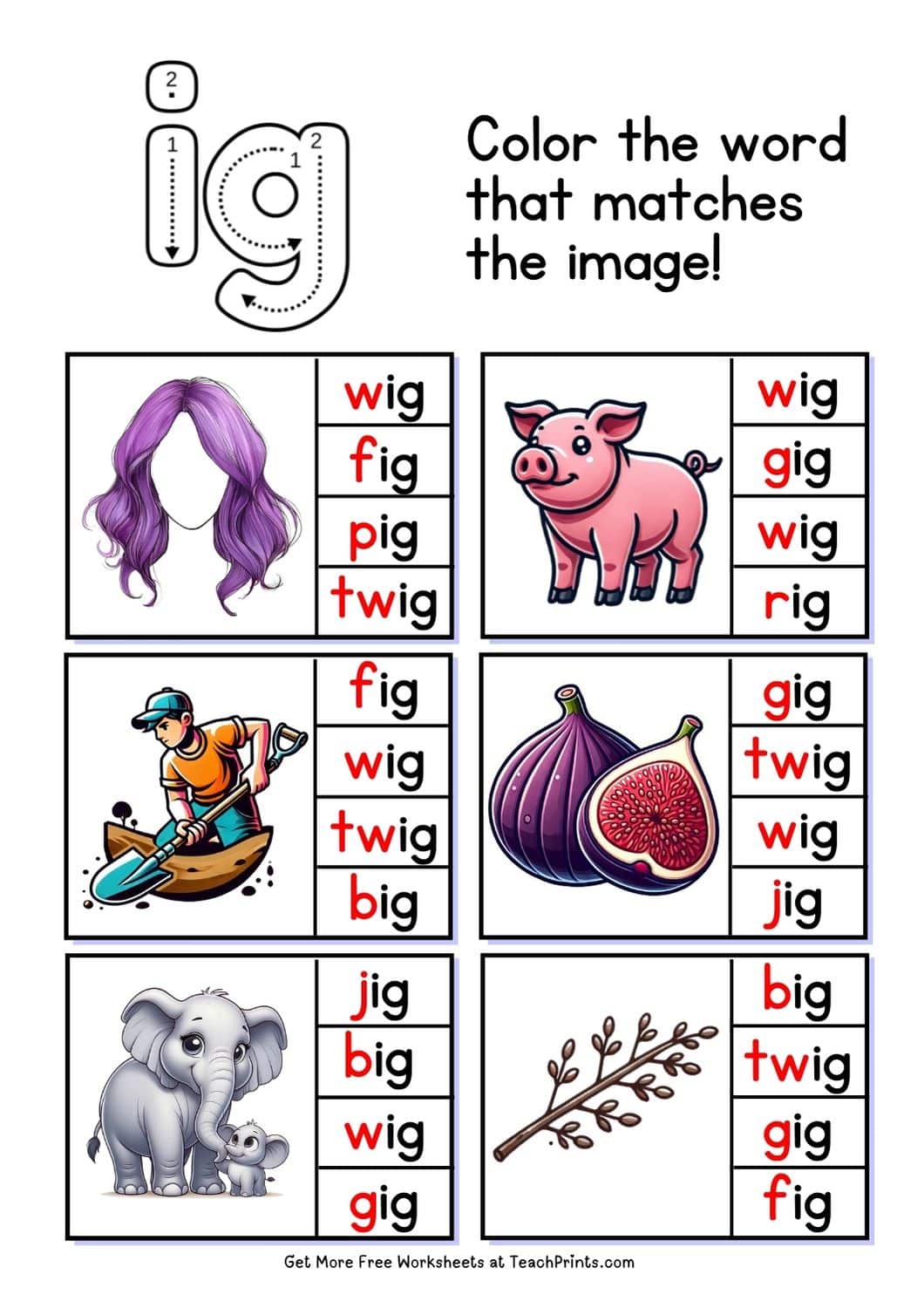 Free 'ig' Word Family Worksheets - Teach Prints