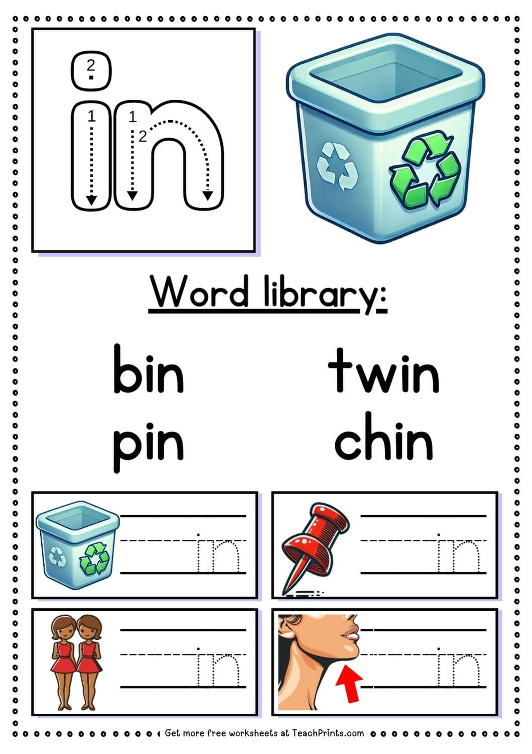 Free 'in' Word Family Worksheets - Teach Prints