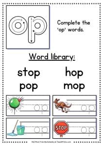 Free 'op' Word Family Worksheets - Teach Prints