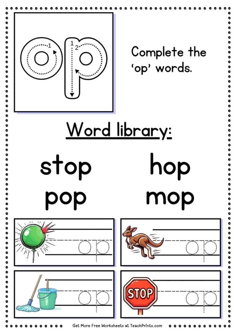 Free 'op' Word Family Worksheets - Teach Prints
