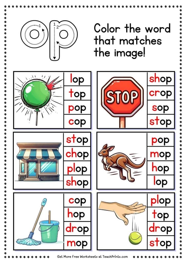 Free 'op' Word Family Worksheets - Teach Prints