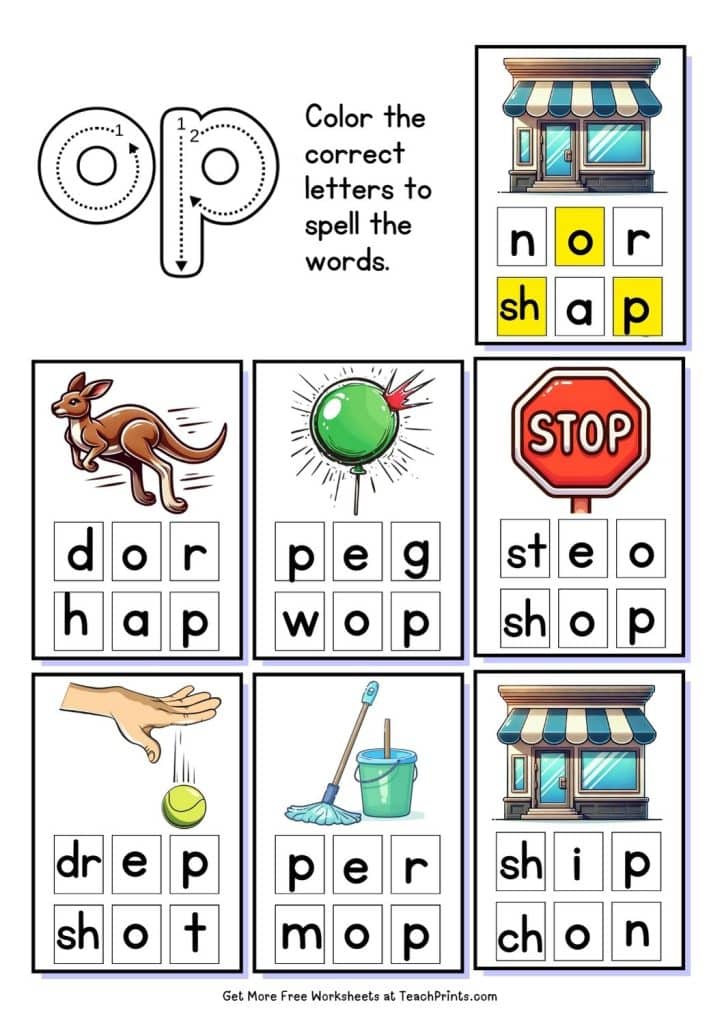 Free 'op' Word Family Worksheets - Teach Prints