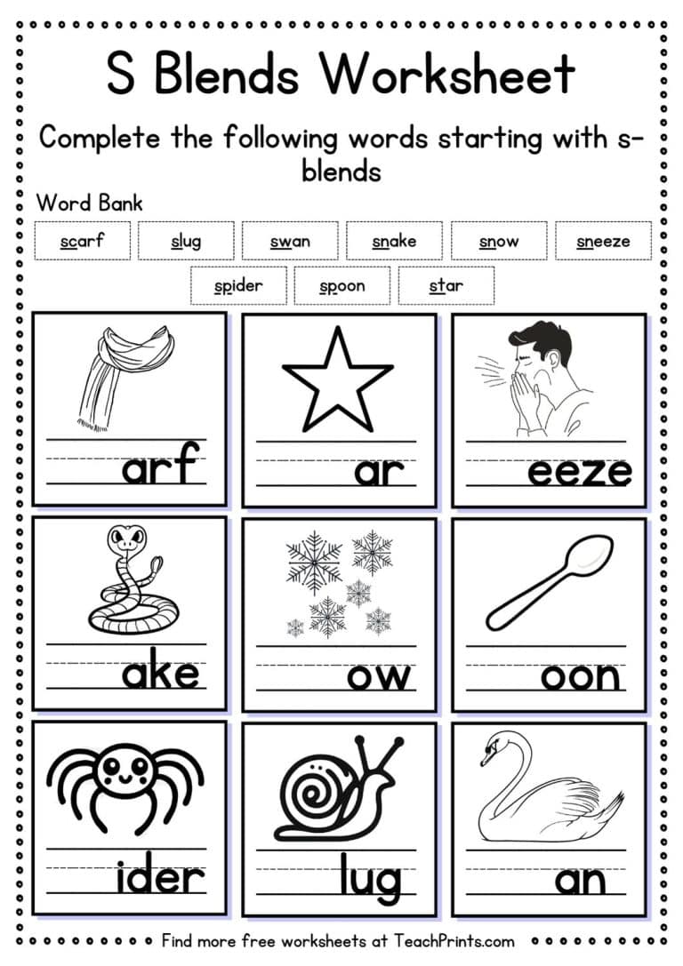 Free S Blend Worksheets - Teach Prints