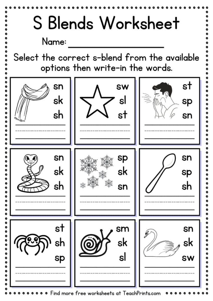 Free S Blend Worksheets - Teach Prints
