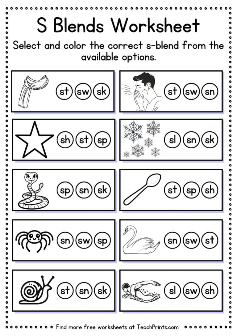 Free S Blend Worksheets - Teach Prints