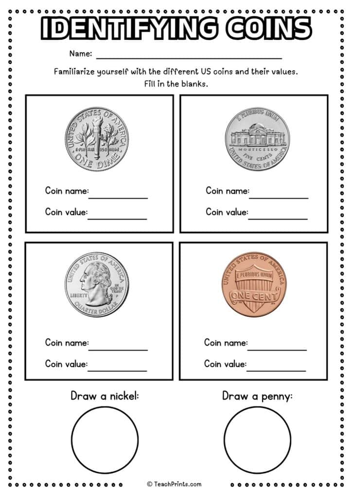 Free Identifying Coins Worksheets - Teach Prints