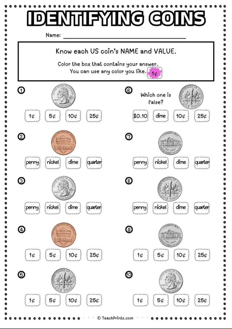Free Identifying Coins Worksheets - Teach Prints