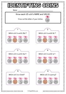Free Identifying Coins Worksheets - Teach Prints