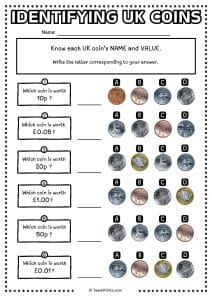 Free Identifying Coins Worksheets - Teach Prints