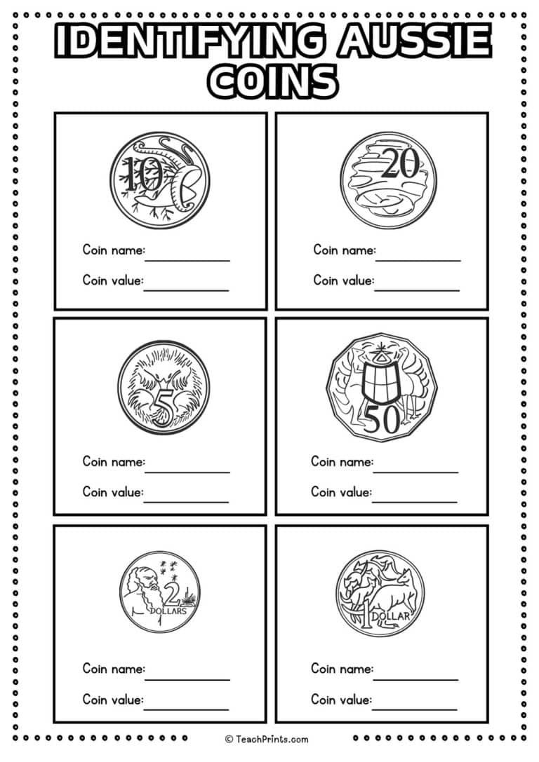 Free Identifying Coins Worksheets - Teach Prints
