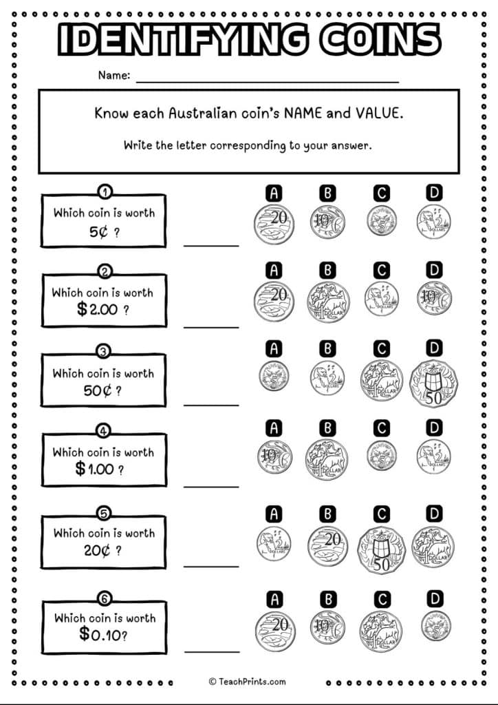Free Identifying Coins Worksheets - Teach Prints