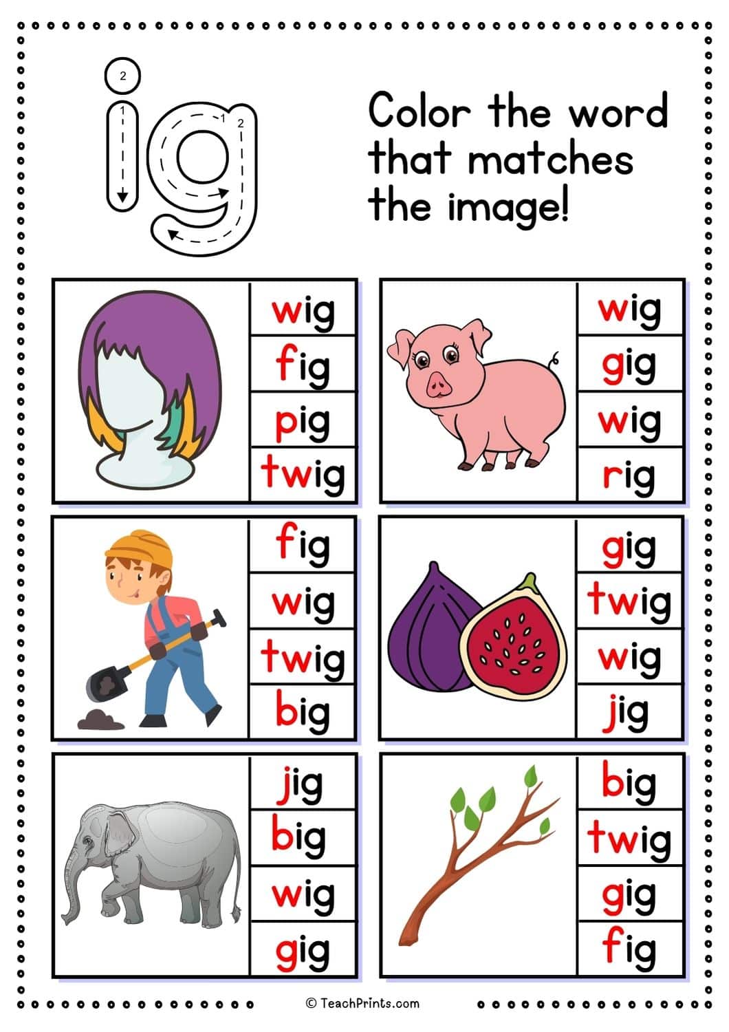 Free 'ig' Word Family Worksheets - Teach Prints