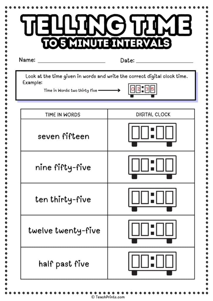 Free Telling Time to Five Minutes Worksheets - Teach Prints