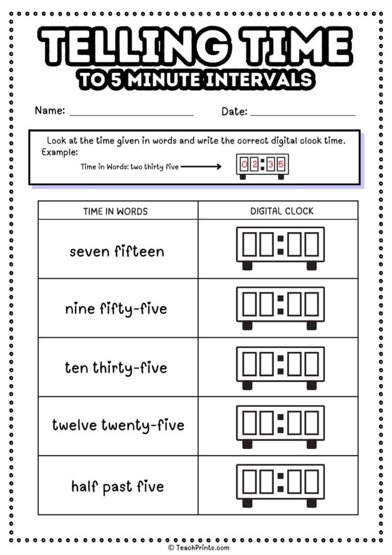 Free Telling Time to Five Minutes Worksheets - Teach Prints