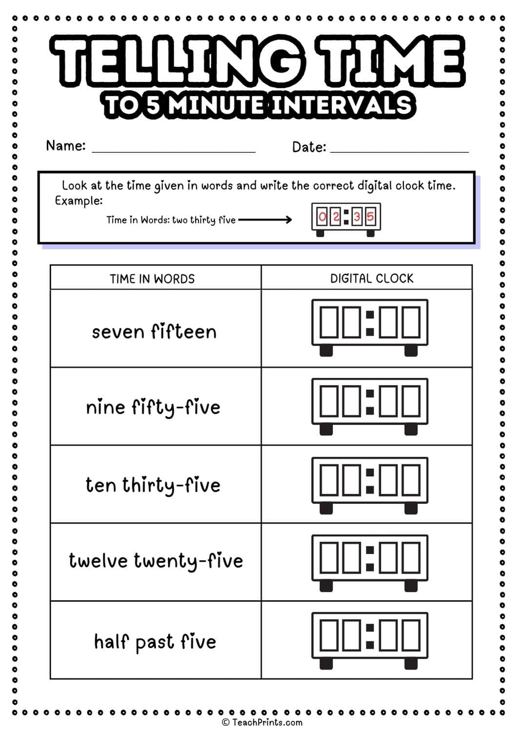 Free Telling Time to Five Minutes Worksheets - Teach Prints
