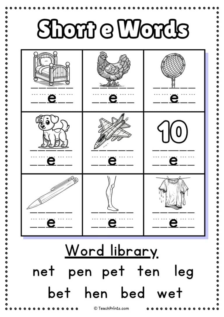 Free Short E Words Worksheets - Teach Prints