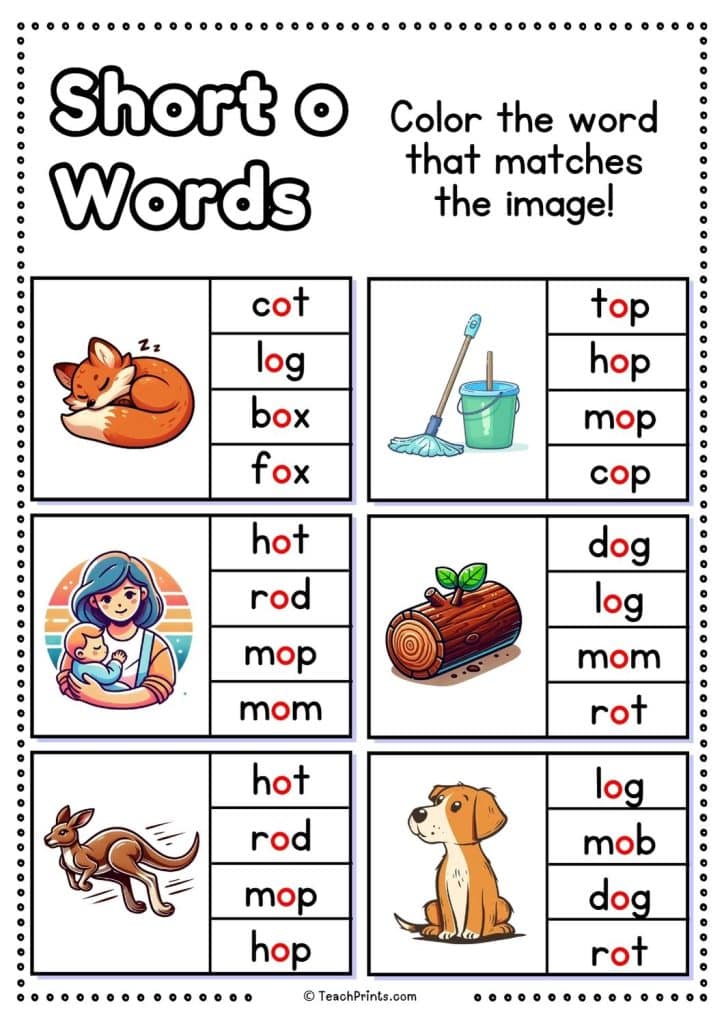 Free Short O Words Worksheets - Teach Prints