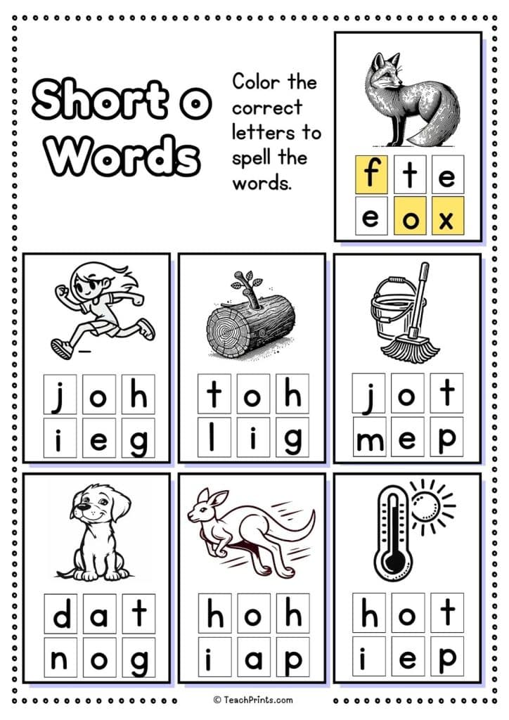 Free Short O Words Worksheets - Teach Prints