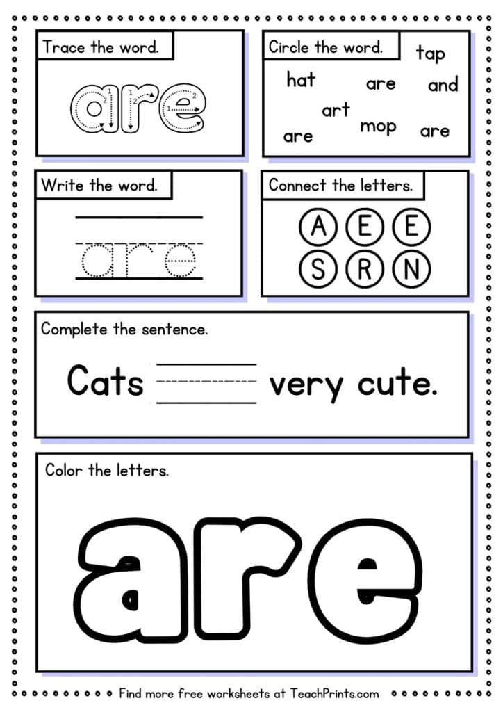 Free Sight Word 'Are' Worksheets - Teach Prints