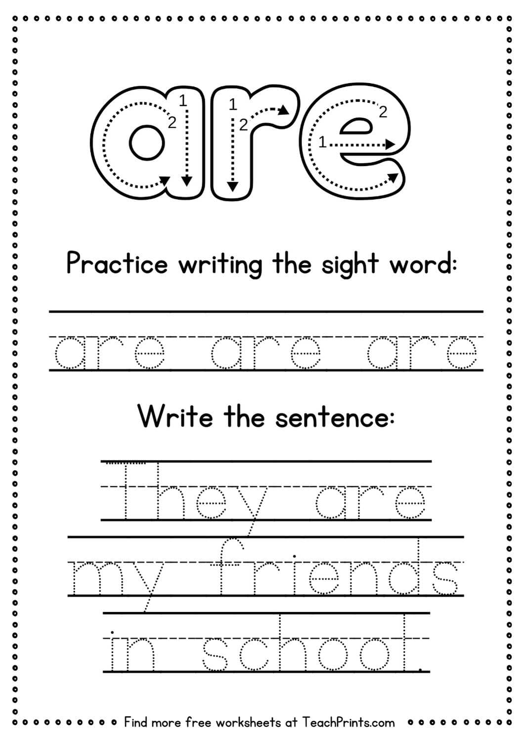 Free Sight Word 'Are' Worksheets - Teach Prints