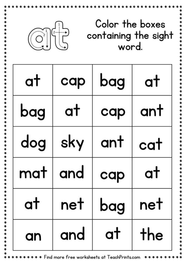 Free Sight Word 'At' Worksheets - Teach Prints