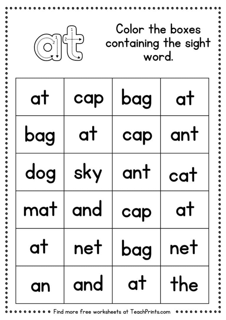 Free Sight Word 'At' Worksheets - Teach Prints