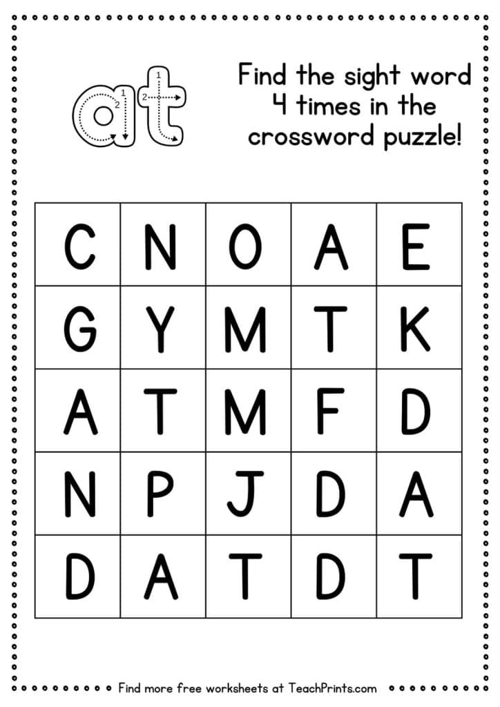 Free Sight Word 'At' Worksheets - Teach Prints