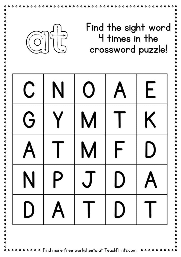 Free Sight Word 'At' Worksheets - Teach Prints