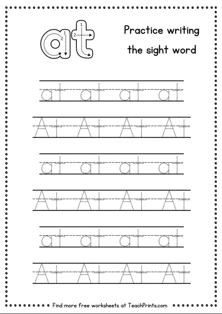 Free Sight Word 'At' Worksheets - Teach Prints