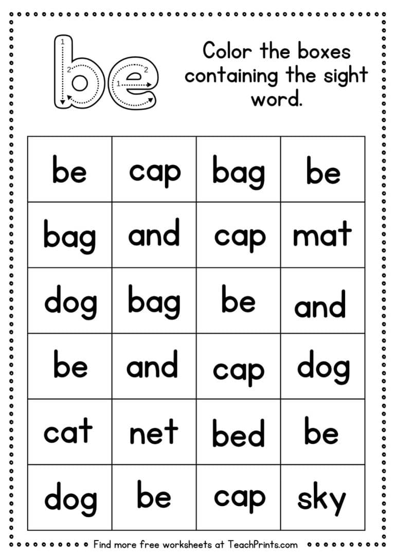 Free Sight Word 'Be' Worksheets - Teach Prints
