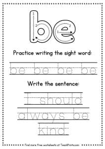 Free Sight Word 'Be' Worksheets - Teach Prints