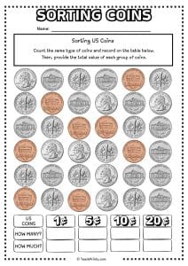 Free Sorting Coins Worksheets Teach Prints