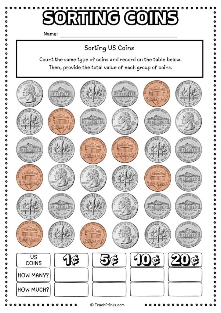 Free Sorting Coins Worksheets - Teach Prints