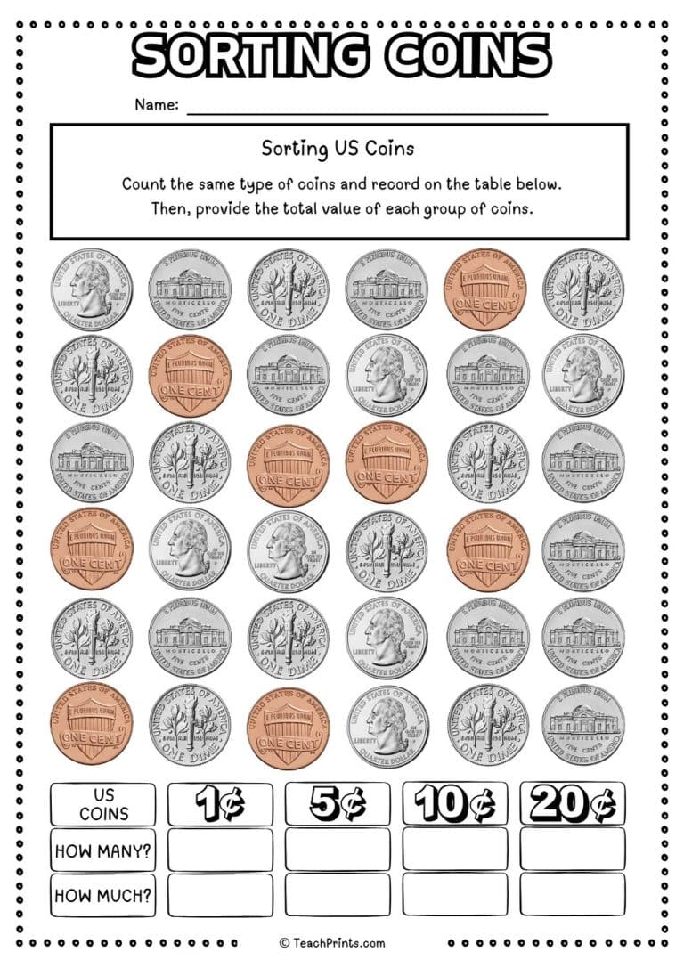 Free Sorting Coins Worksheets - Teach Prints