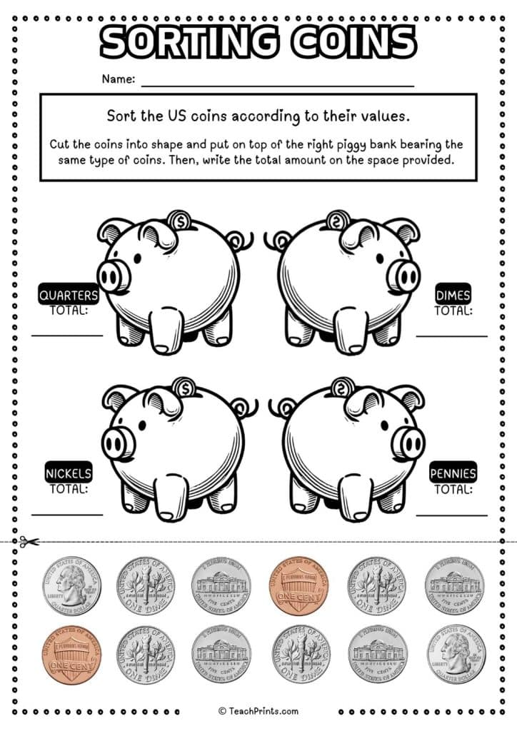 Free Sorting Coins Worksheets - Teach Prints