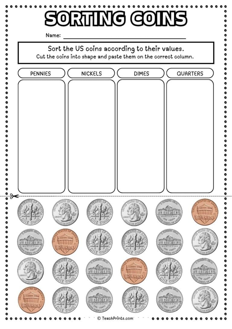 Free Sorting Coins Worksheets - Teach Prints