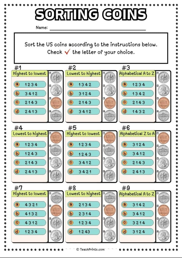Free Sorting Coins Worksheets - Teach Prints