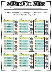 Free Sorting Coins Worksheets - Teach Prints
