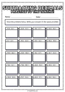 Free Subtracting Decimals Worksheets - Teach Prints