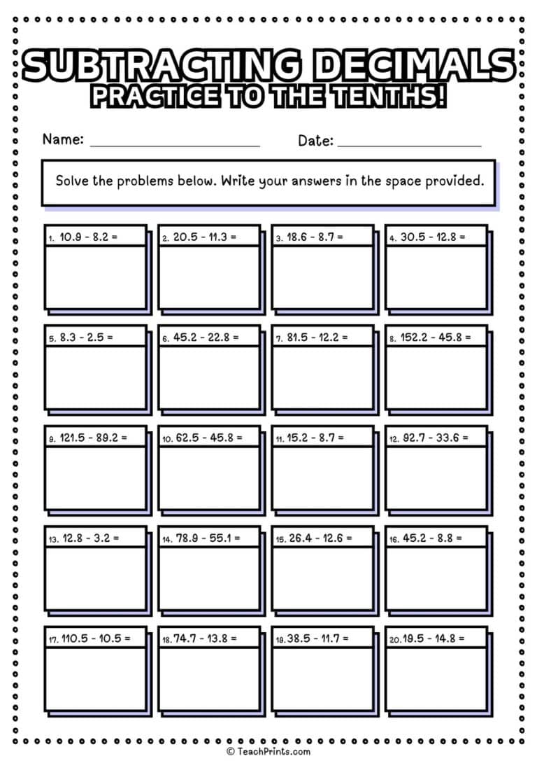 Free Subtracting Decimals Worksheets - Teach Prints