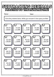 Free Subtracting Decimals Worksheets - Teach Prints