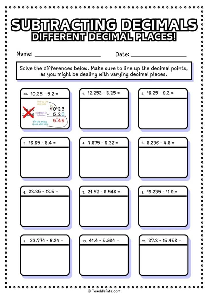 Free Subtracting Decimals Worksheets - Teach Prints