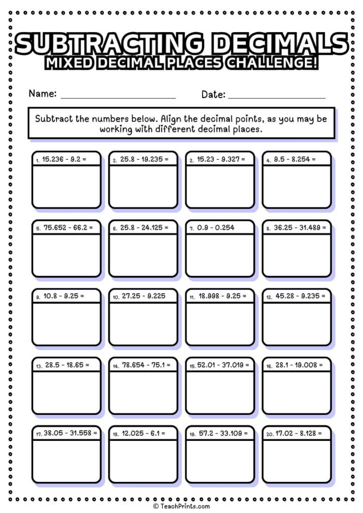 Free Subtracting Decimals Worksheets - Teach Prints