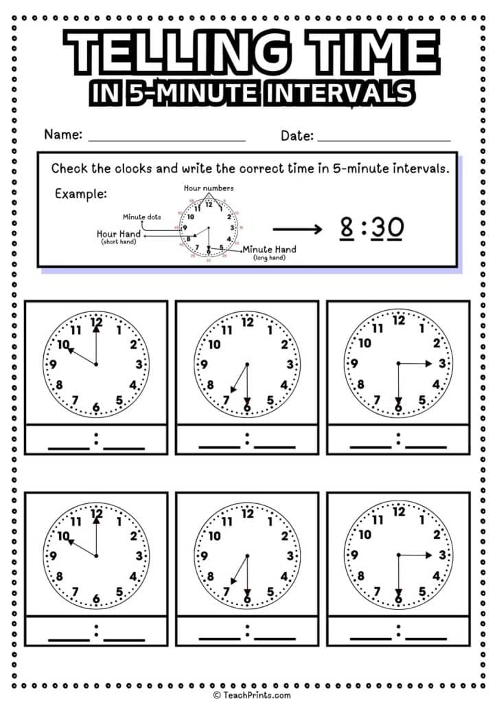 Free Telling Time to Five Minutes Worksheets - Teach Prints