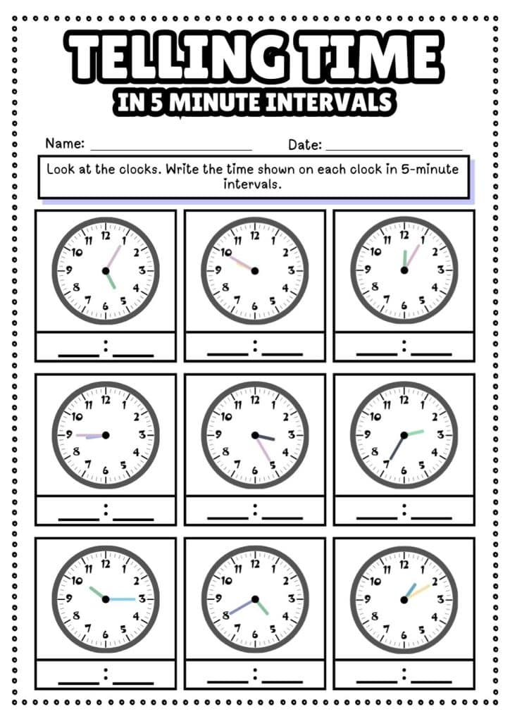 Free Telling Time to Five Minutes Worksheets - Teach Prints