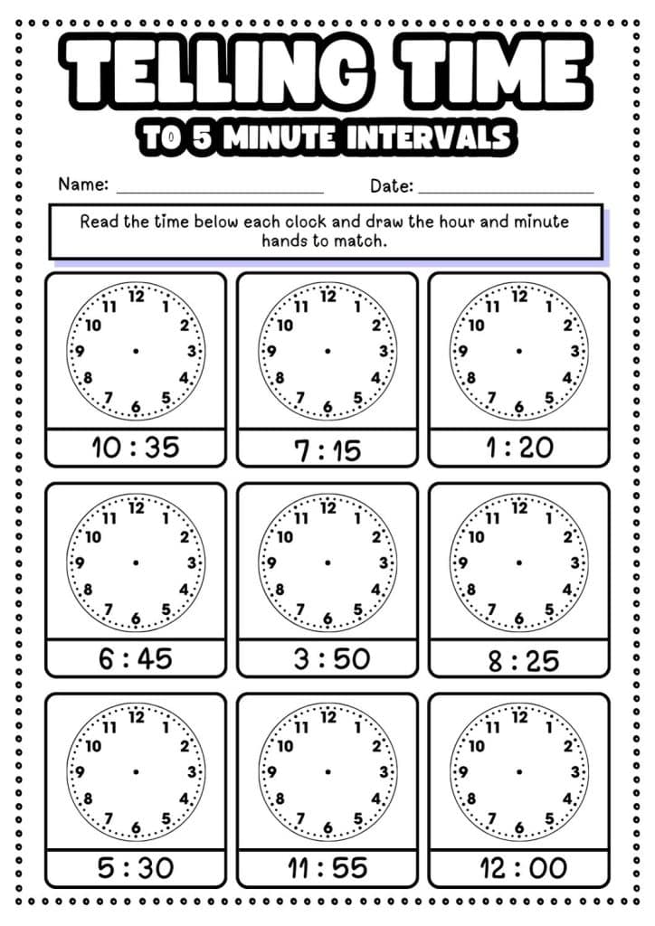 Free Telling Time to Five Minutes Worksheets - Teach Prints