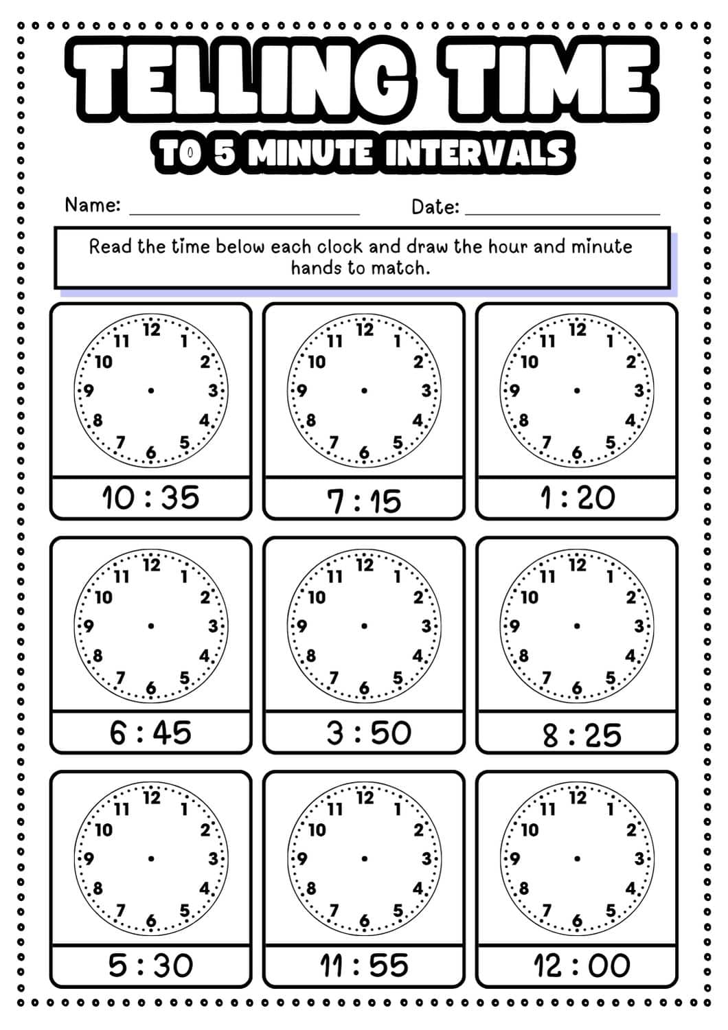 Free Telling Time to Five Minutes Worksheets - Teach Prints